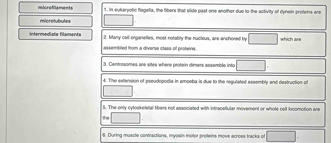 Solved: microfilaments 1. In eukaryotic flagella, the fibers that slide ...