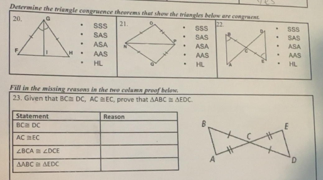 Solved: Determine the triangle congruence theorems that show the ...