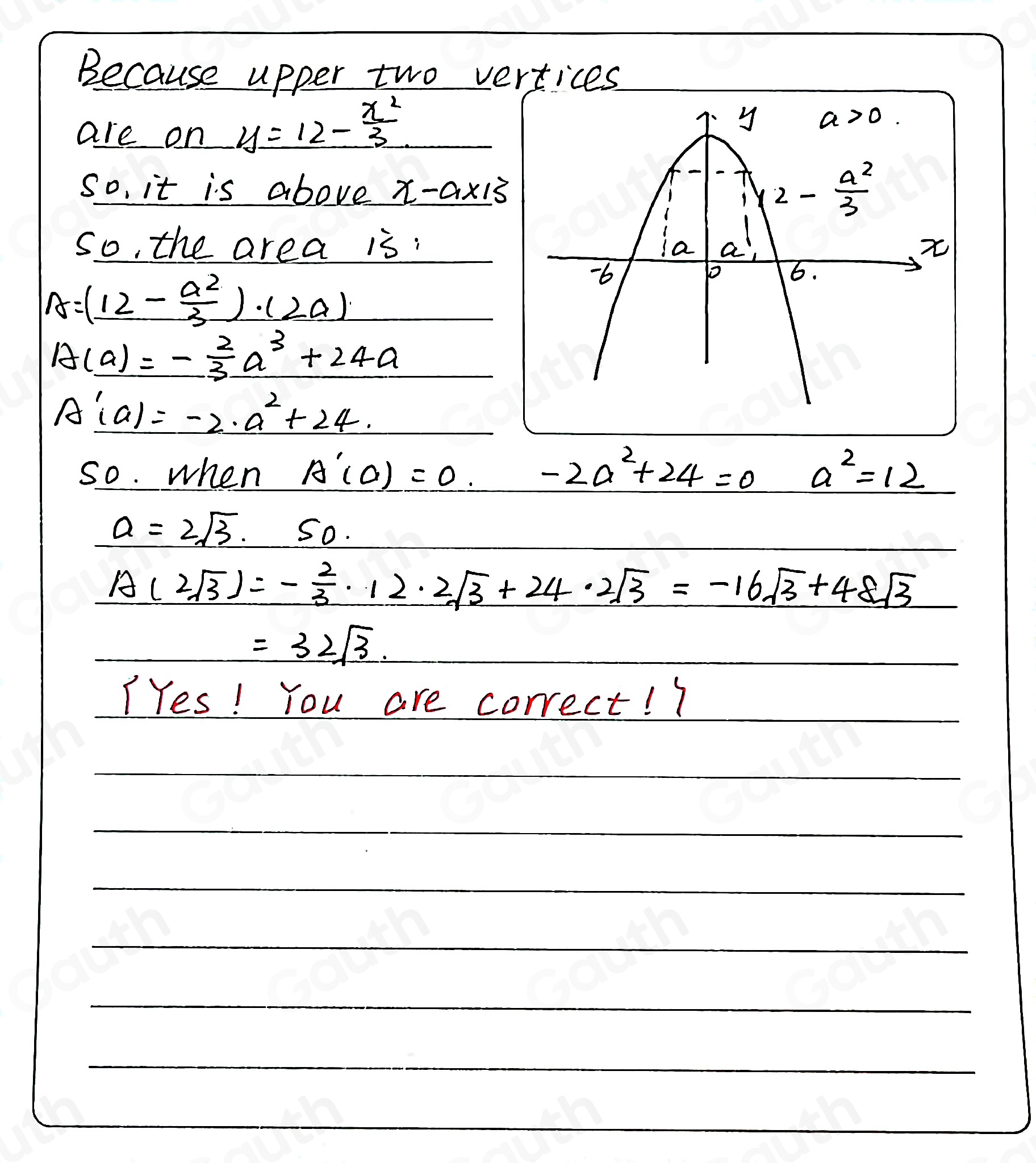 Solved: A rectangle has its upper two vertices on the graph of y=12- x ...
