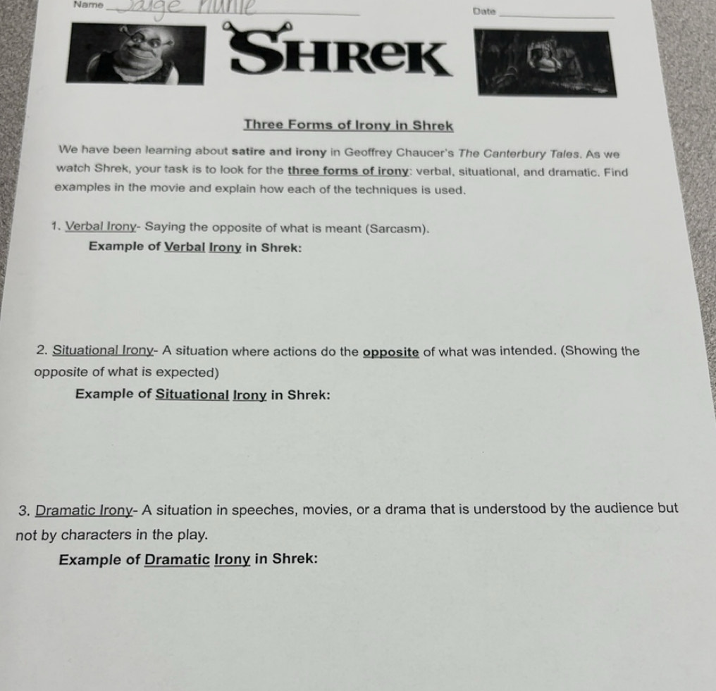 Solved: Name _ Date _ Shrek Three Forms of Irony in Shrek We have been ...