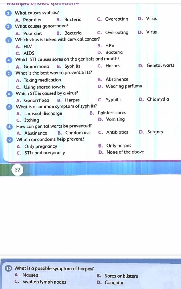 Solved: ① What causes syphilis? A. Poor diet B. Bacteria C. Overeating ...