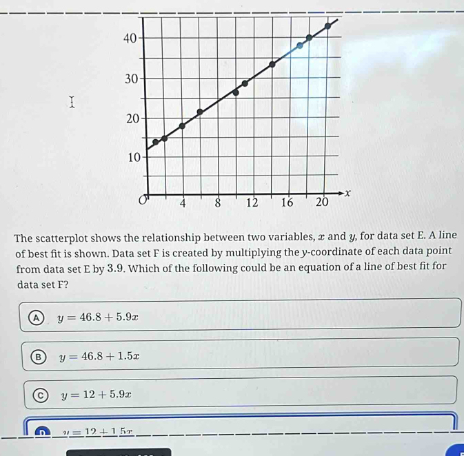 Solved: The scatterplot shows the relationship between two variables, x and y, for data set E. A ...