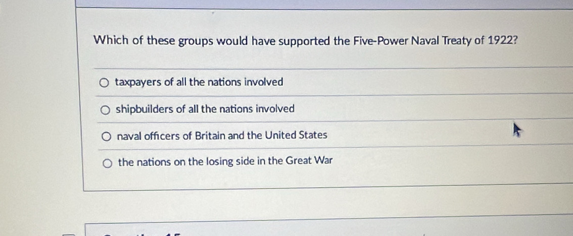 Solved: Which of these groups would have supported the Five-Power Naval ...