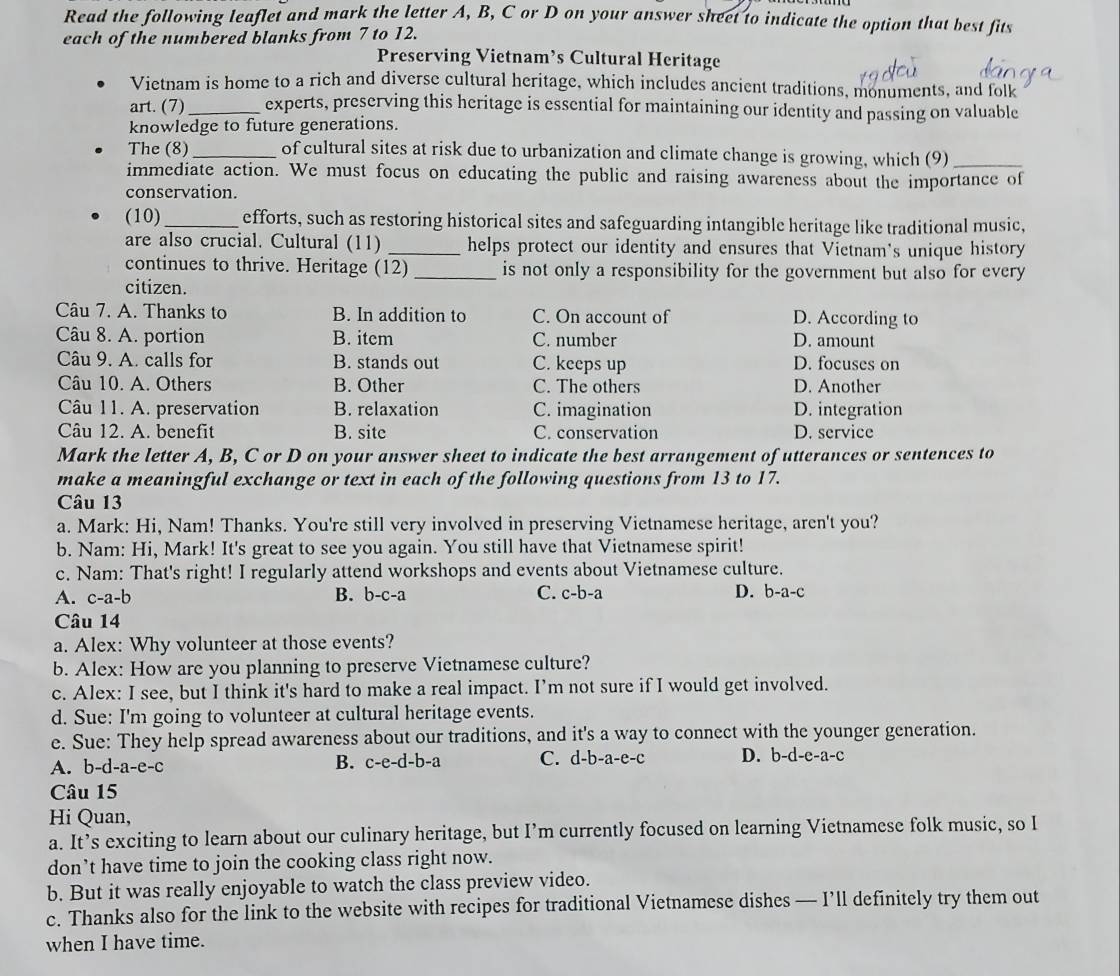 Giải quyết:Read the following leaflet and mark the letter A, B, C or D ...