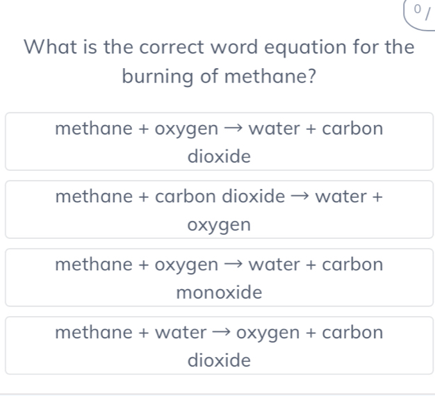 Solved: What is the correct word equation for the burning of methane ...