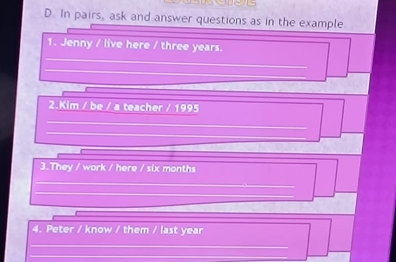 Resuelto:In pairs, ask and answer questions as in the example 1. Jenny ...