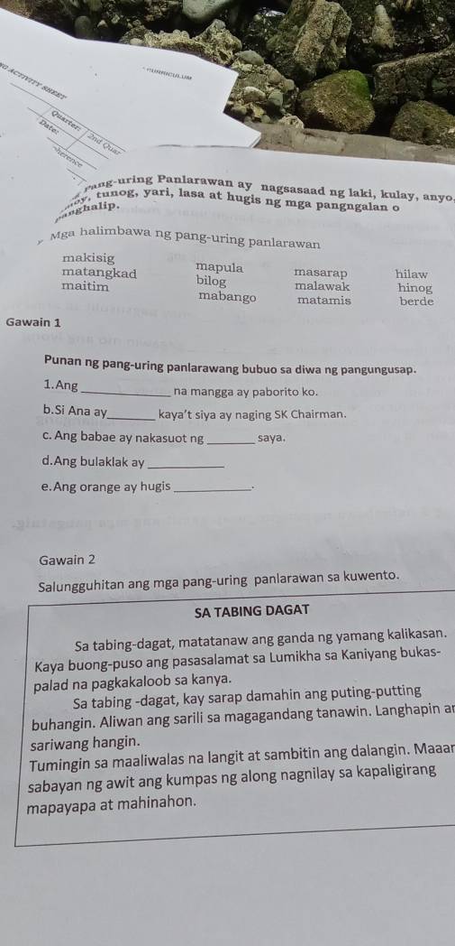 Solved: ACTIVITY SHEE! Pang-uring Panlarawan ay nagsasaad ng laki ...