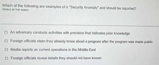 Solved: Which of the following are examples of a "Security Anomaly" and ...