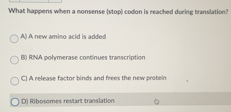 Solved: What happens when a nonsense (stop) codon is reached during ...