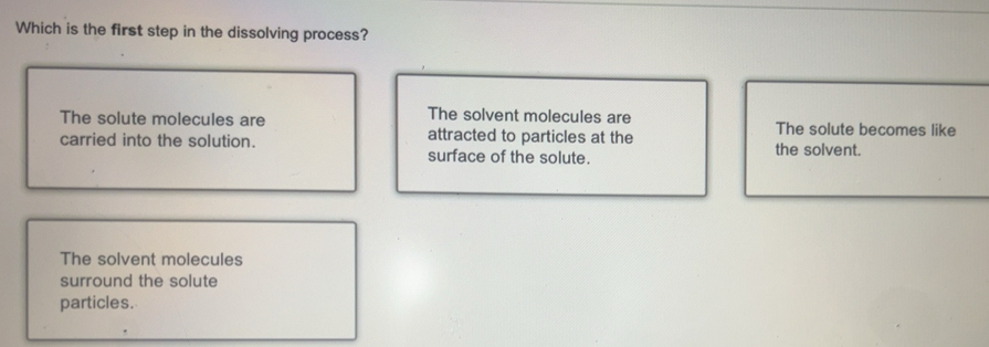 Solved: Which is the first step in the dissolving process? The solvent ...