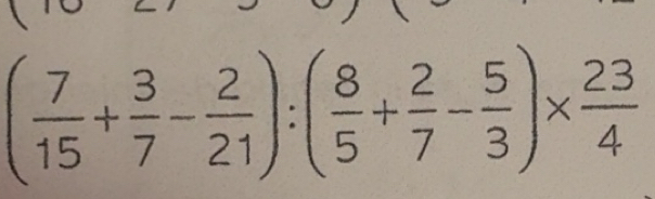 Risolto:( 7/15 + 3/7 - 2/21 ):( 8/5 + 2/7 - 5/3 )* 23/4