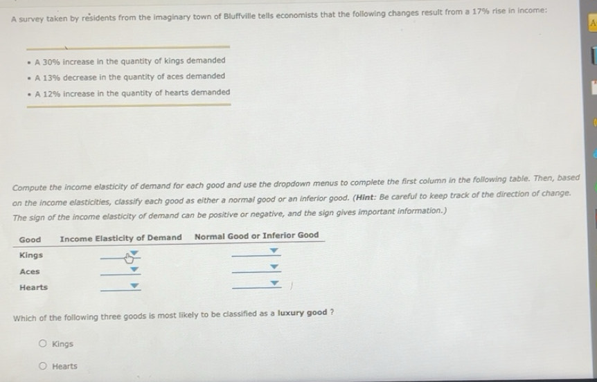 Solved: A survey taken by residents from the imaginary town of Bluffville tells economists that ...