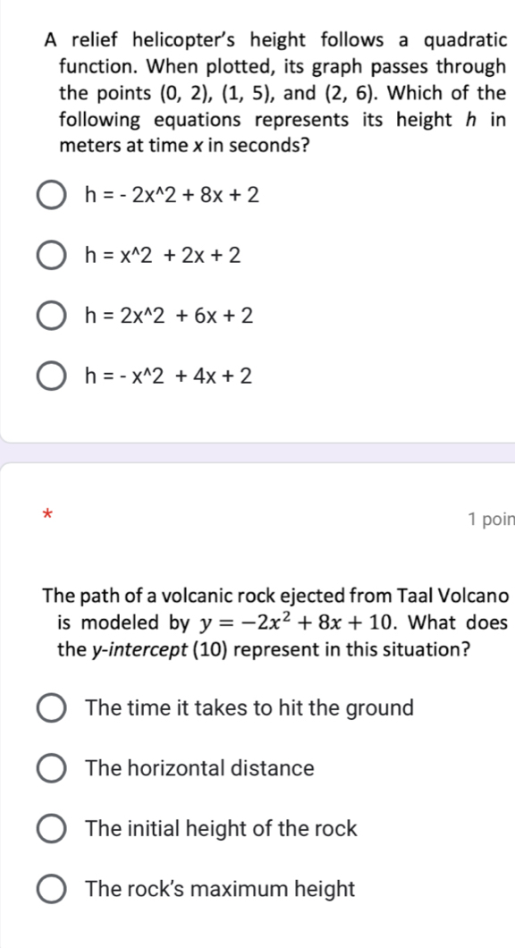 Solved: A relief helicopter's height follows a quadratic function. When ...