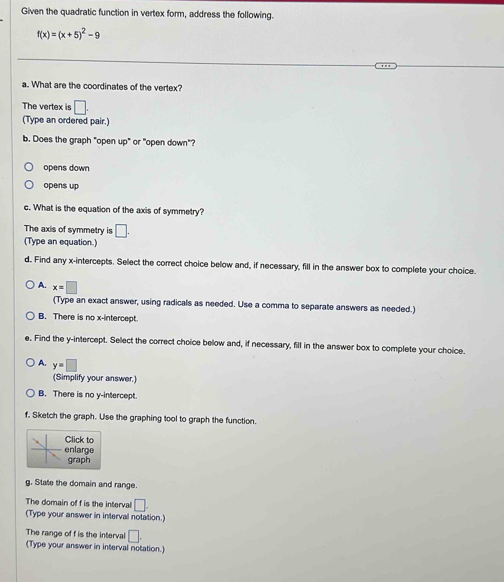 Solved: Given the quadratic function in vertex form, address the ...