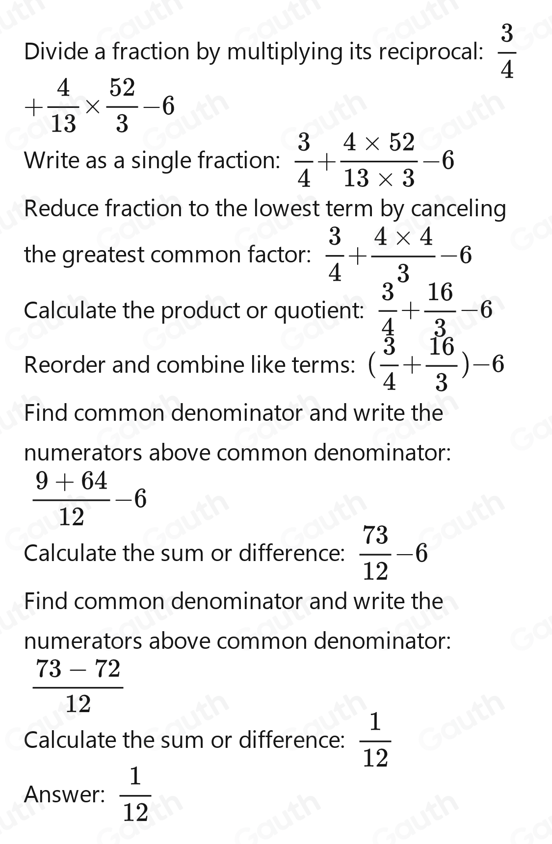 Solved: By using BODMAS Rule 3/4 + 4/13 / 3/52 -6 [Math]
