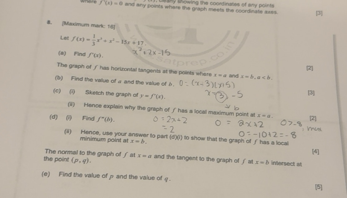 Solved: cleany showing the coordinates of any points where f'(x)=0 and ...
