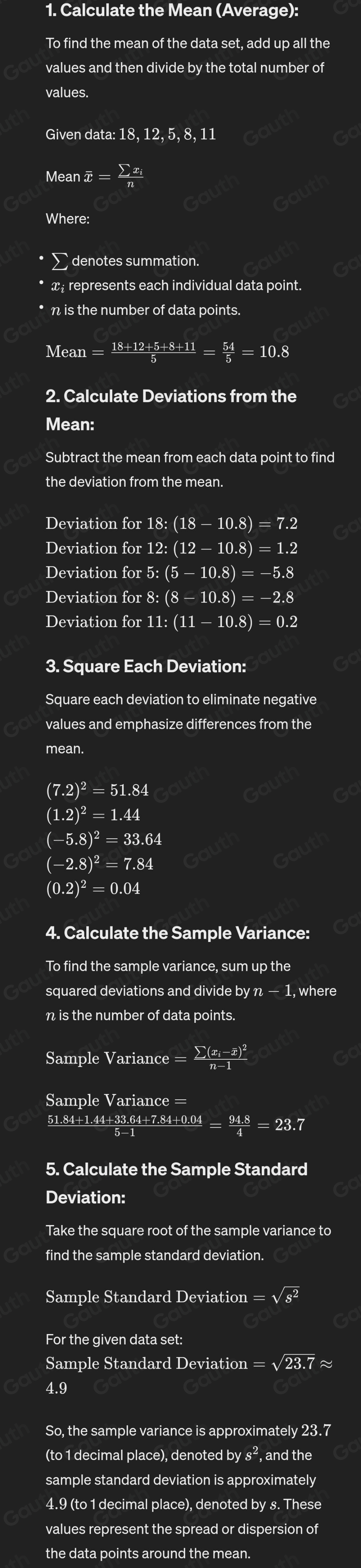 Solved: Find the sample variance and standard deviation. 18, 12, 5, 8 ...