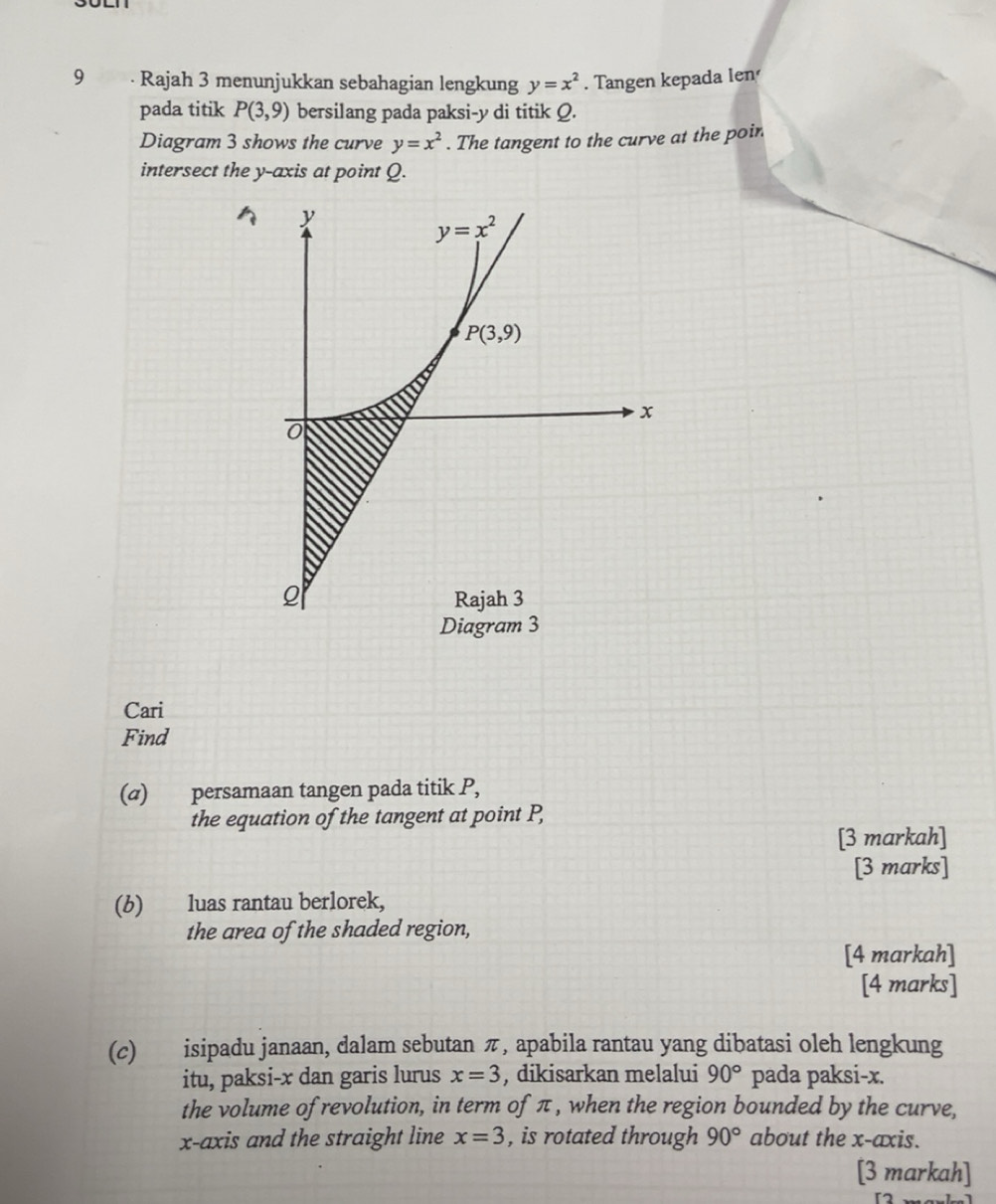 Solved: Rajah 3 menunjukkan sebahagian lengkung y=x^2. Tangen kepada ...