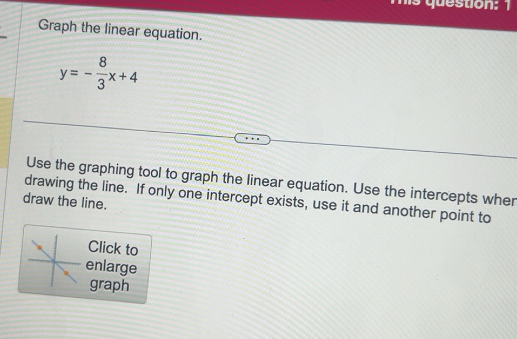 Solved: Graph the linear equation. y=- 8/3 x+4 Use the graphing tool to ...