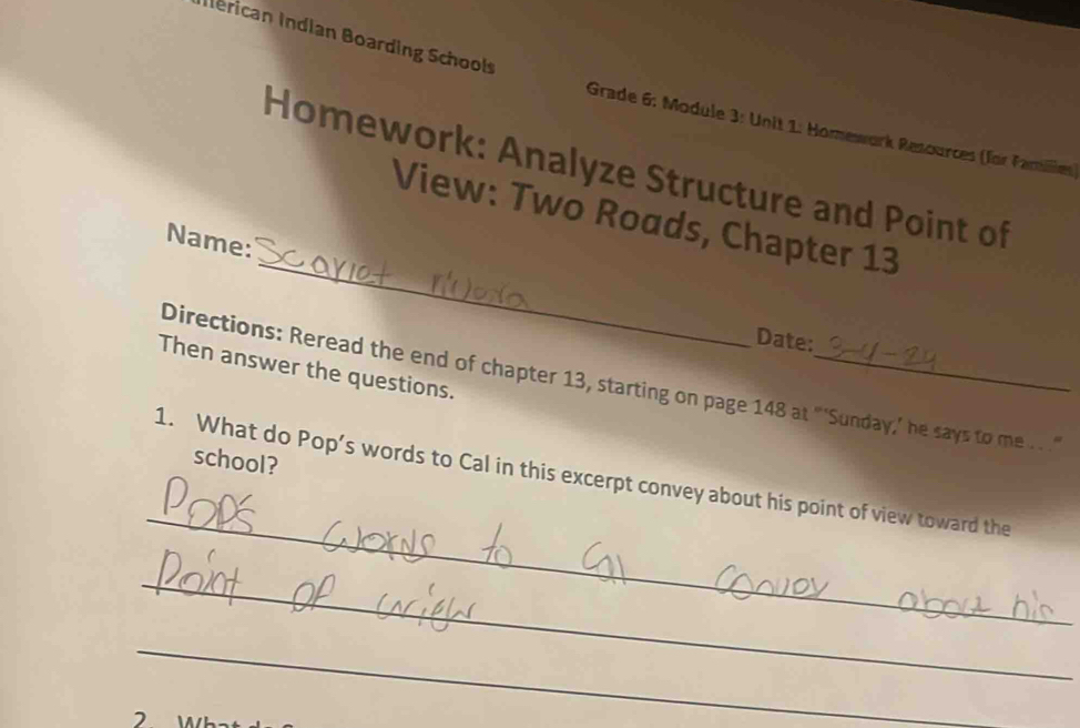 Ierican Indian Boarding School Grade 6: Module 3: Unit 1: Homework ...