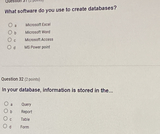 Solved: What software do you use to create databases? a Microsoft Excel ...