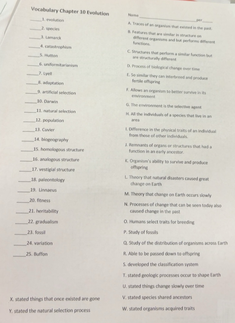 Solved: Vocabulary Chapter 10 Evolution Name _ per _1. evolution A ...