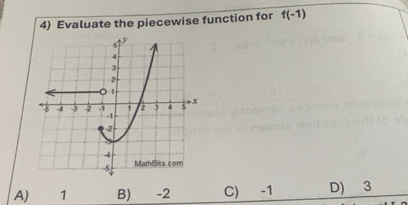 Gelöst:Evaluate the piecewise function for f(-1) A) €£ 1 B) -2 C) -1 D) 3