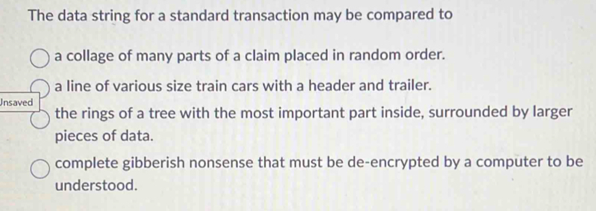 Solved: The data string for a standard transaction may be compared to a ...