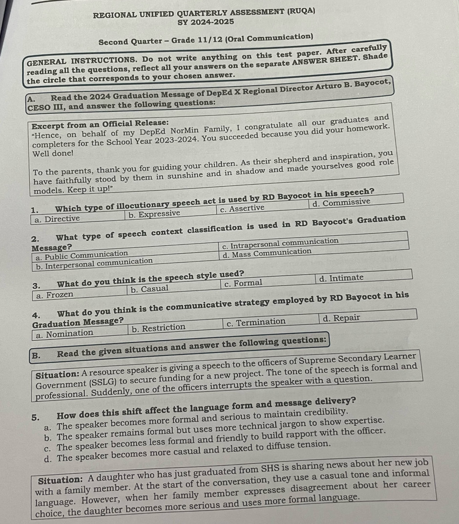 Solved: REGIONAL UNIFIED QUARTERLY ASSESSMENT (RUQA) SY 2024-2025 ...