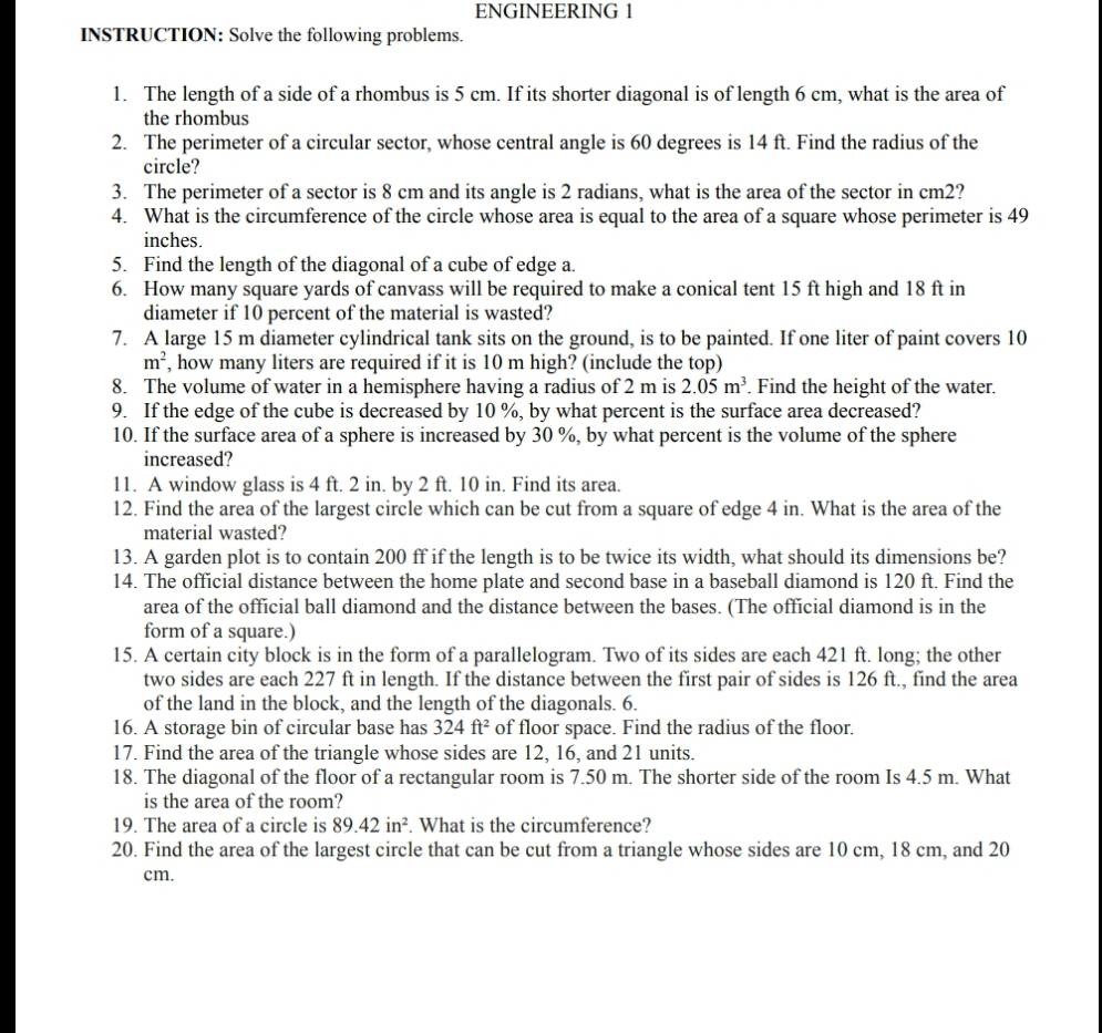 Solved: ENGINEERING 1 INSTRUCTION: Solve the following problems. 1. The ...