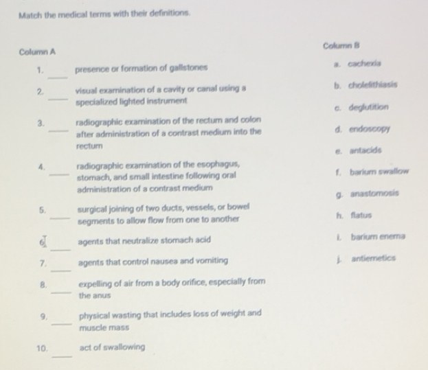 Solved: Match the medical terms with their definitions. Column A Column ...
