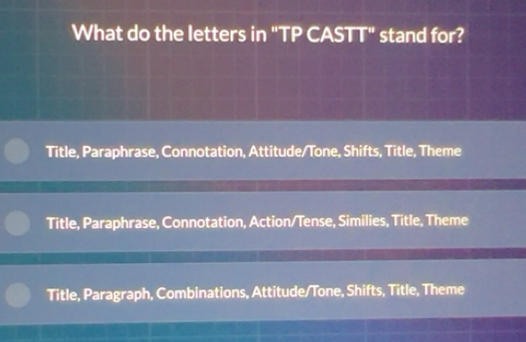 Solved: What do the letters in "TP CASTT" stand for? Title, Paraphrase ...