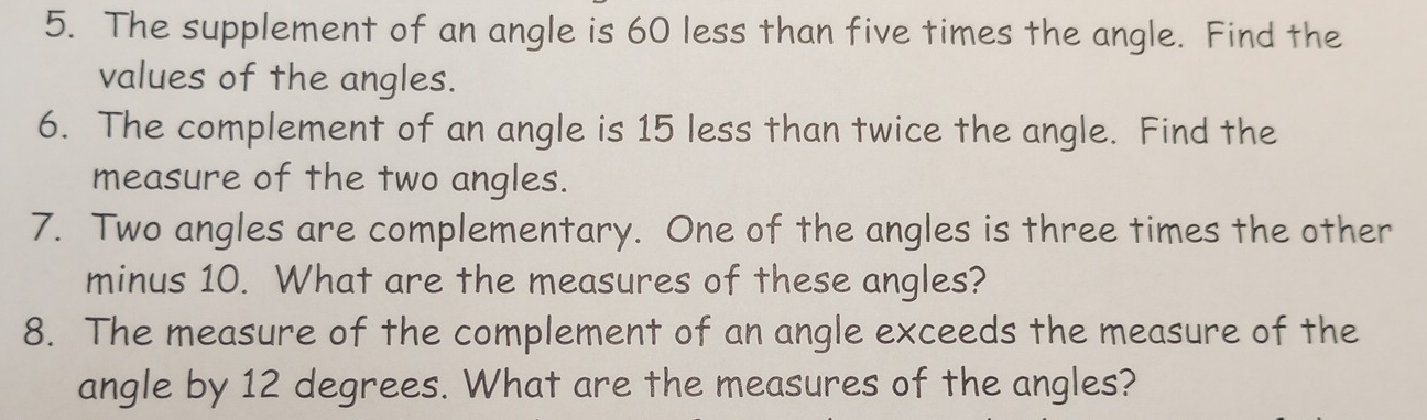 Solved: The supplement of an angle is 60 less than five times the angle ...