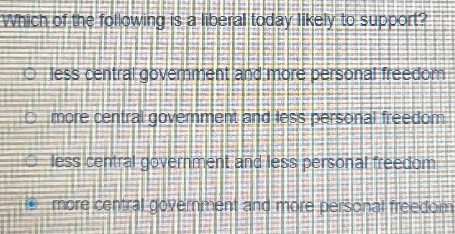 Solved: Which of the following is a liberal today likely to support ...