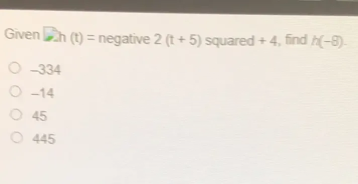 Solved: Given h(t)=r negative 2(t+5) squared +4 , find h(-8). -334 -14 45 445 [Math]