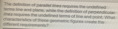 Solved: The definition of parallel lines requires the undefined terms line and plane, while the ...