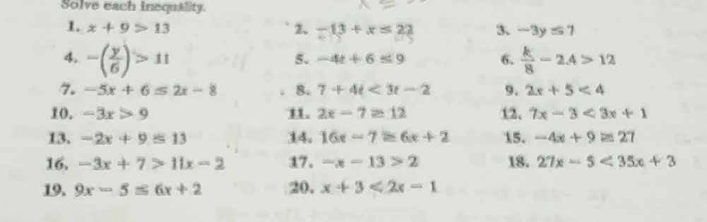 Solved: Solve each inequality. 1. x+9>13 2. -13+x≤ 22 3. -3y≤ 7 4. -( y/6 )>11 k/8 -2.4>12 5. -4 ...