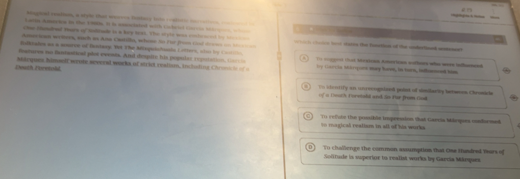 Solved: Magical realism, a style that weaves fintasy into realistic ...