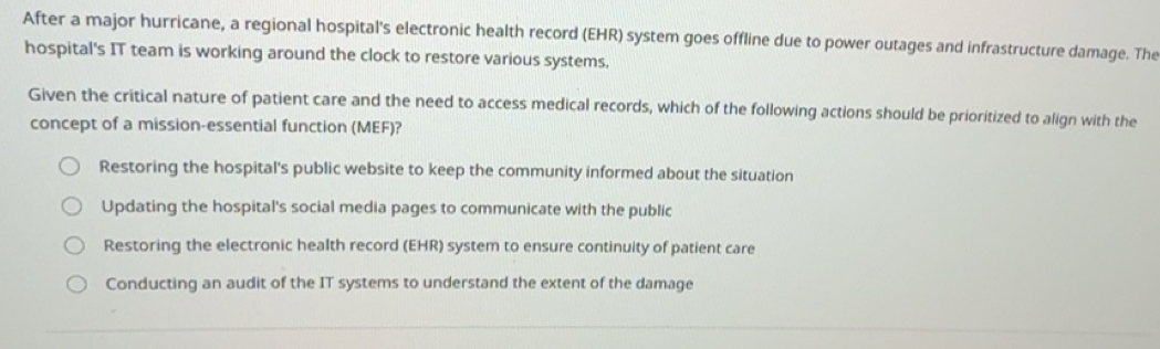 Solved: After a major hurricane, a regional hospital's electronic ...