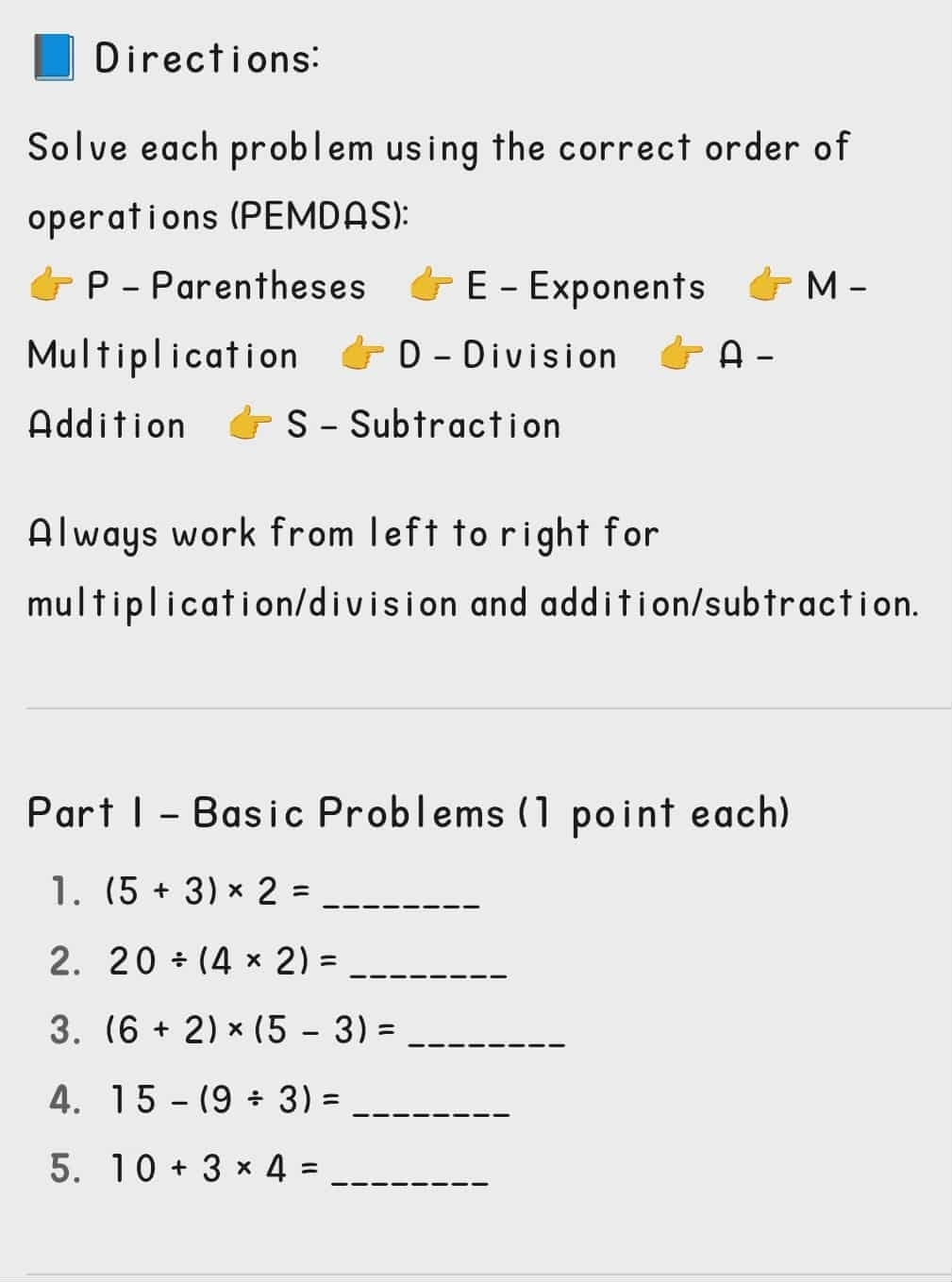 Solved: Directions: Solve each problem using the correct order of ...