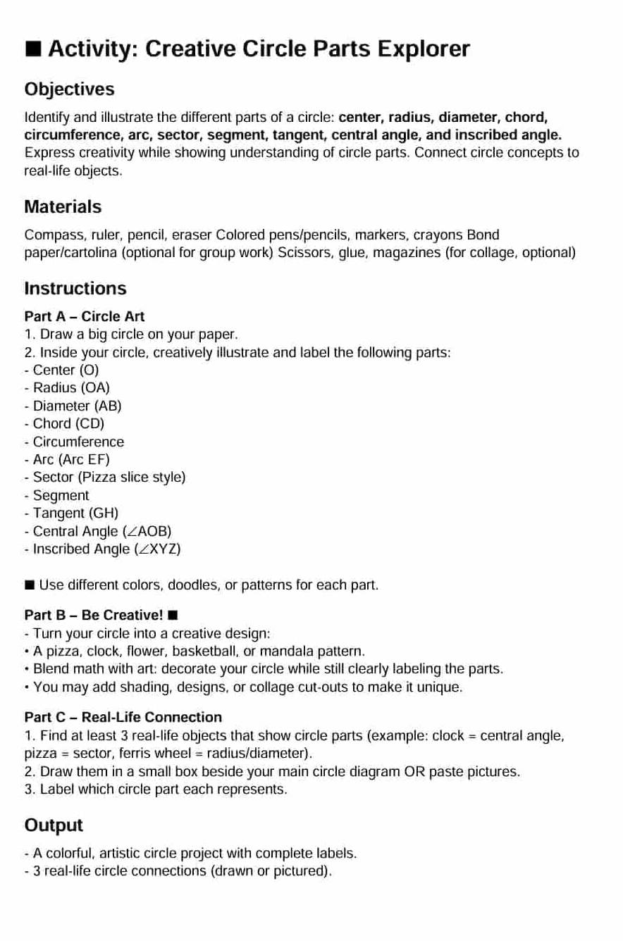 Solved: Activity: Creative Circle Parts Explorer Objectives Identify ...