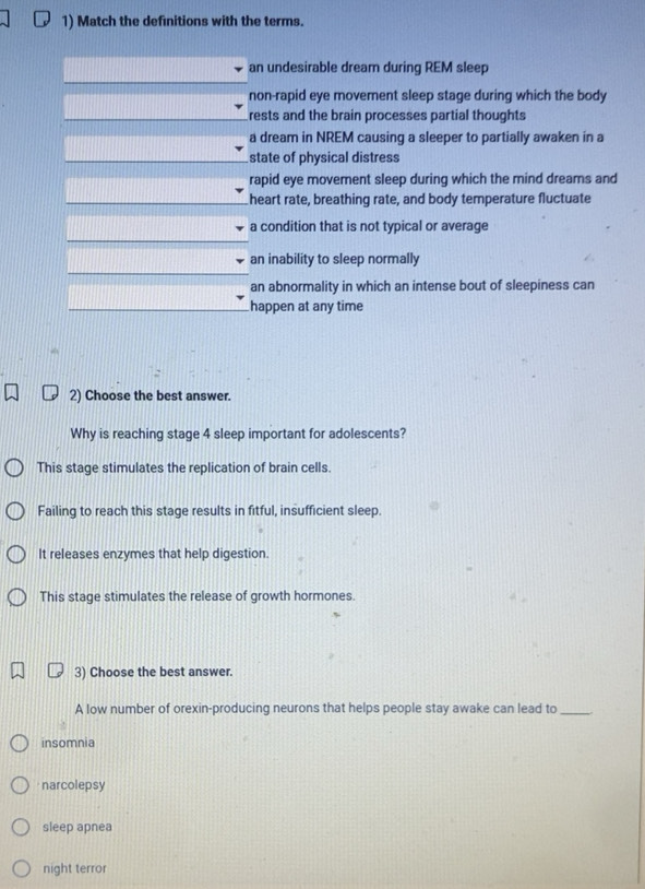 Solved: Match the definitions with the terms. an undesirable dream ...