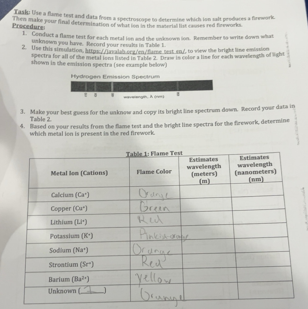 Solved: Task: Use a flame test and data from a spectroscope to ...