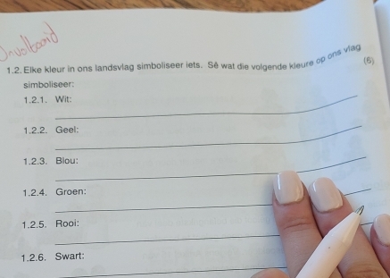 Solved: Elke kleur in ons landsvlag simboliseer iets. Sê wat die ...