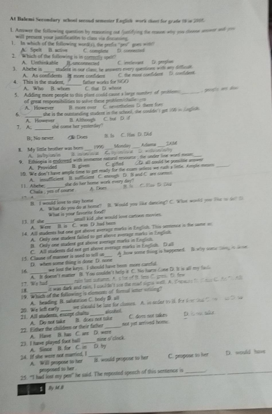 Solved: At Balemi Secondary school second semester English work sheet ...