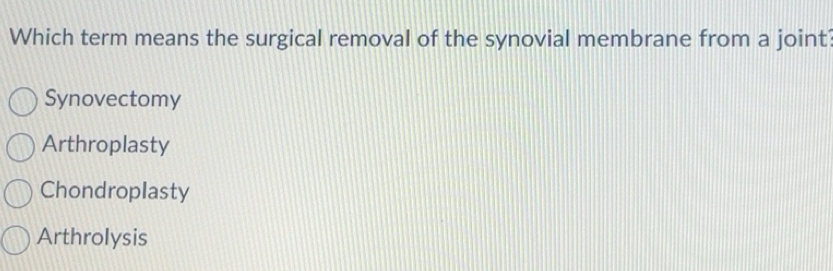 Solved: Which term means the surgical removal of the synovial membrane ...