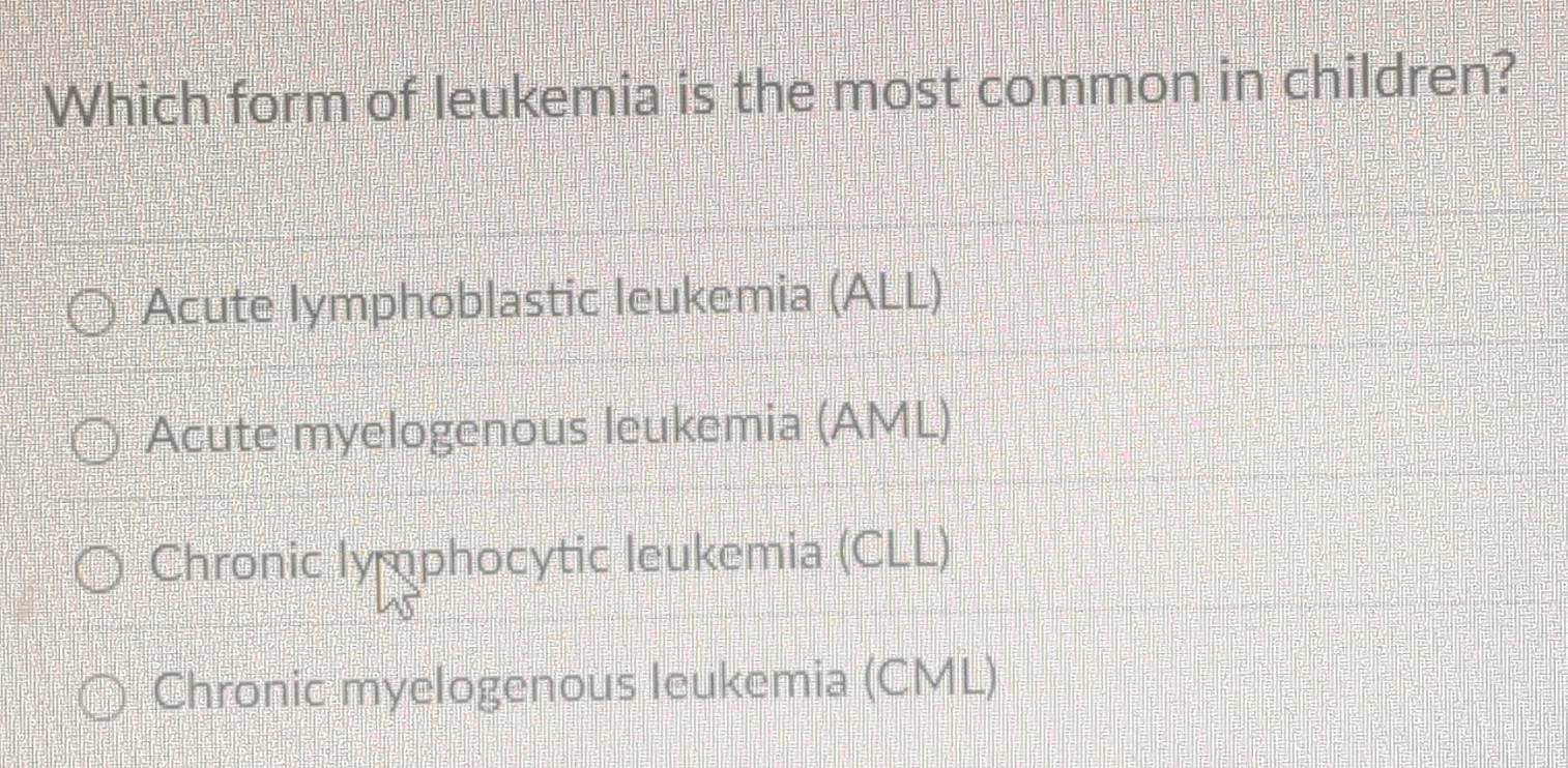 Solved: Which form of leukemia is the most common in children? Acute ...