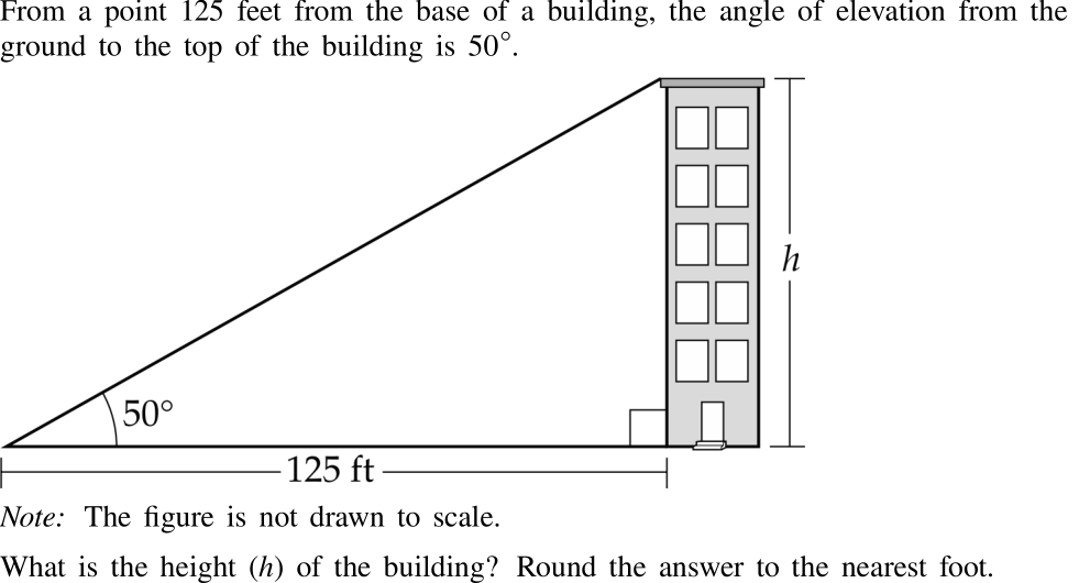 Solved: From a point 125 feet from the base of a building, the angle of ...