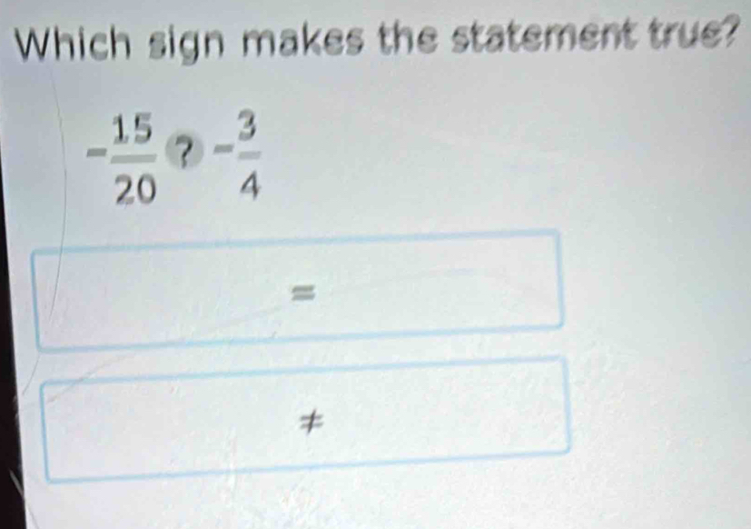 Solved: Which sign makes the statement true? - 15/20 ?- 3/4 = ≠ [Math]