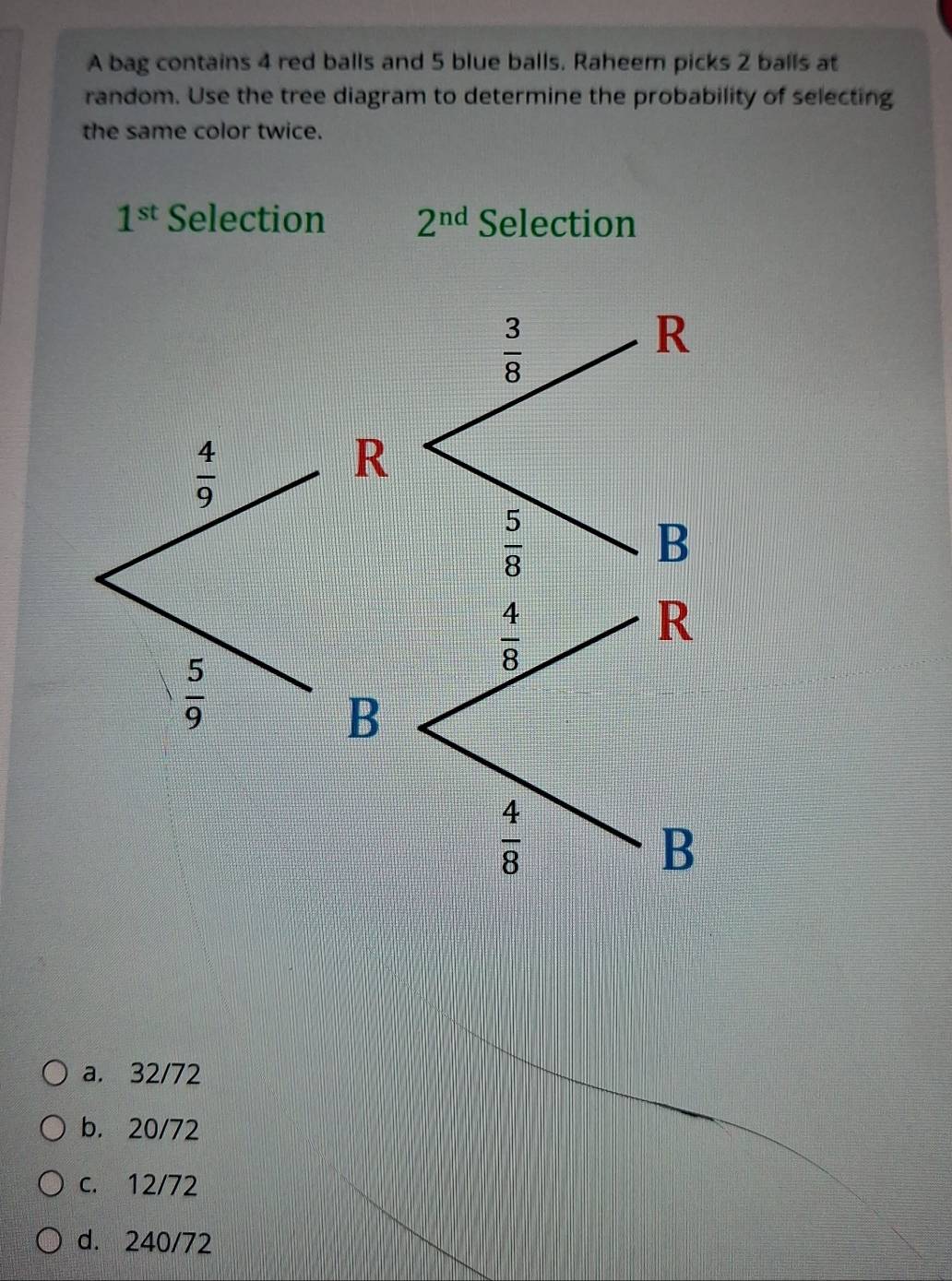 Solved: A bag contains 4 red balls and 5 blue balls. Raheem picks 2 ...